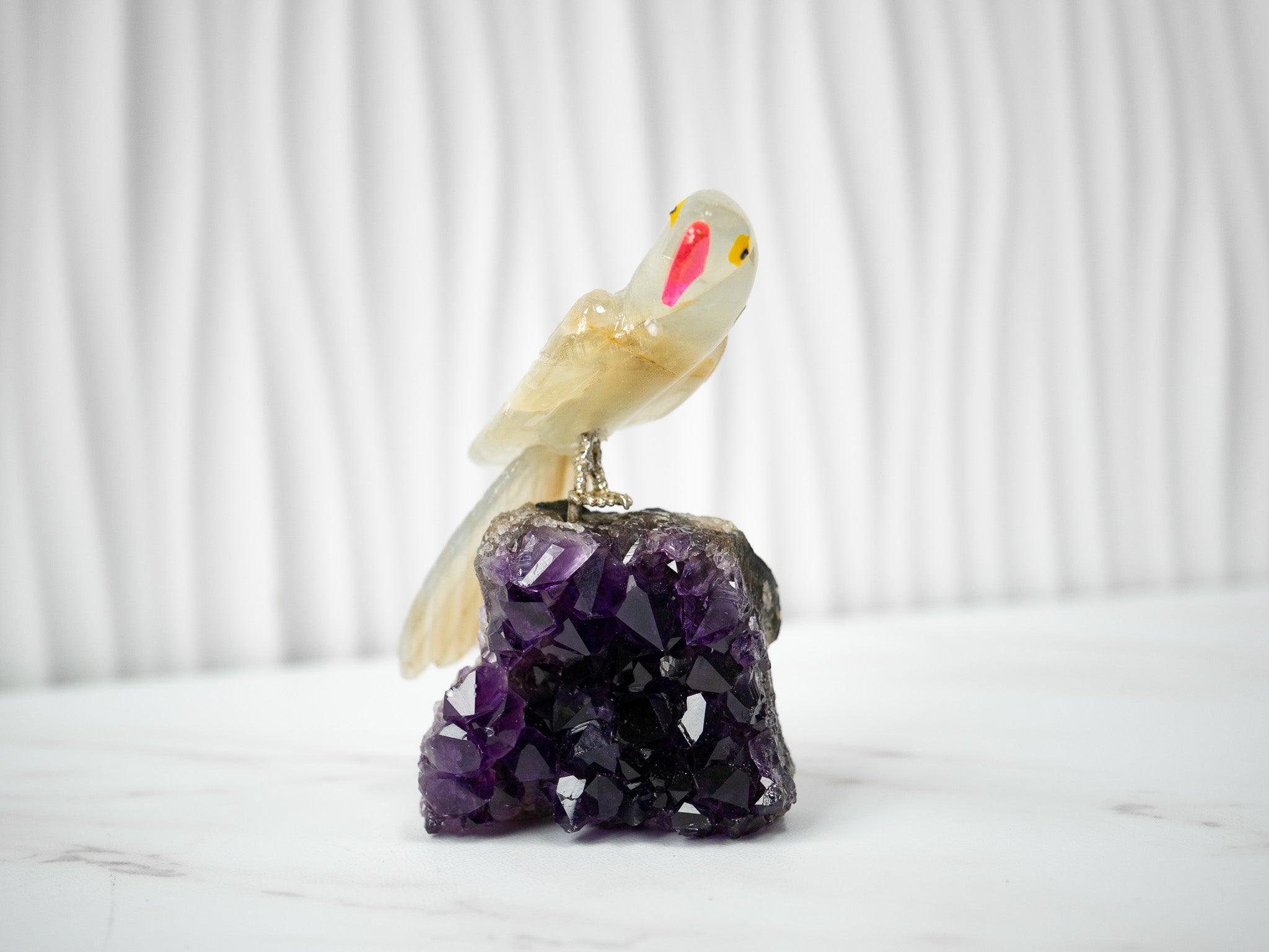 Hand-Carved Yellow Calcite and Agate Bird on Amethyst Cluster ...